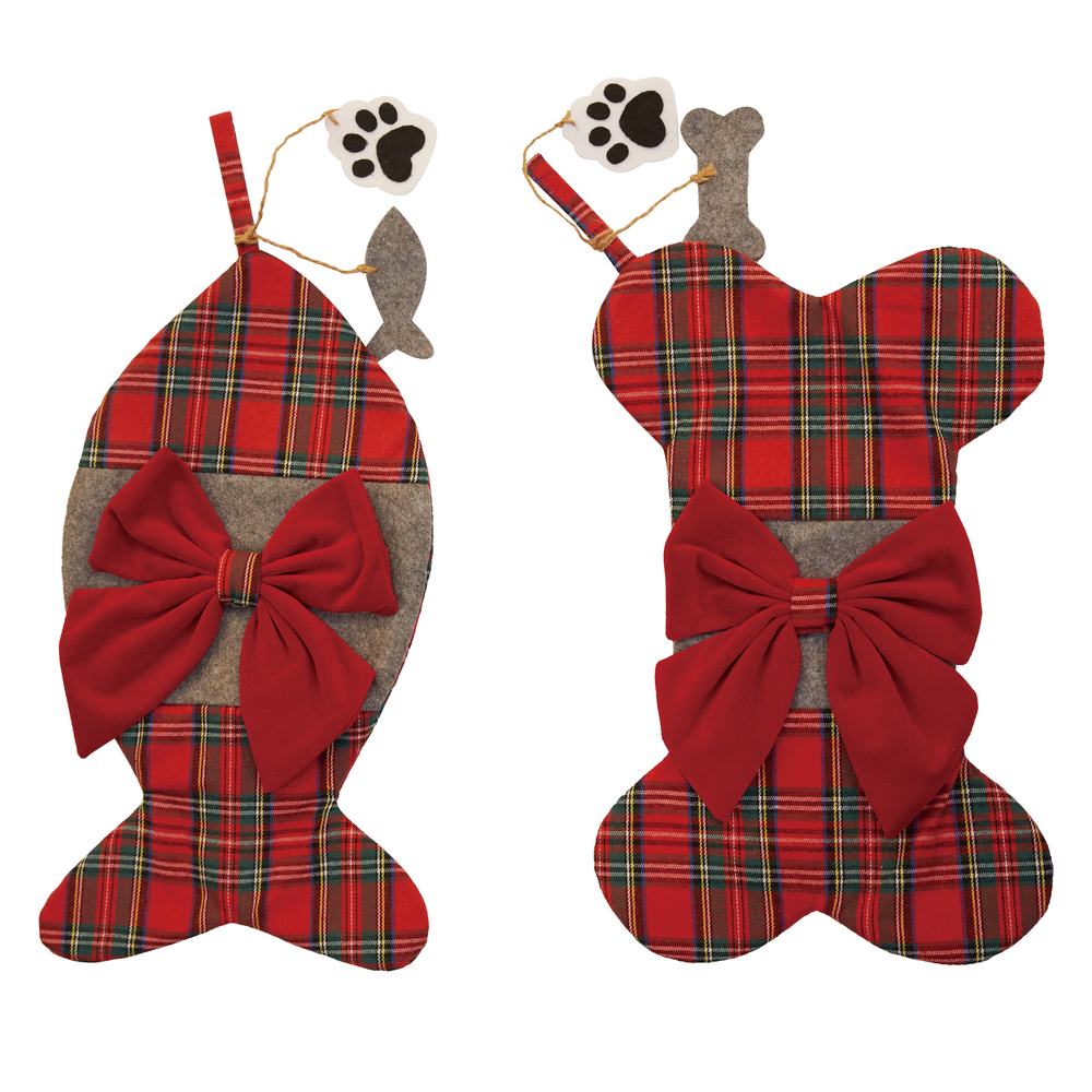 18" Pet Fish /Bone Plaid Stocking 2 Asst – Transpac Brands