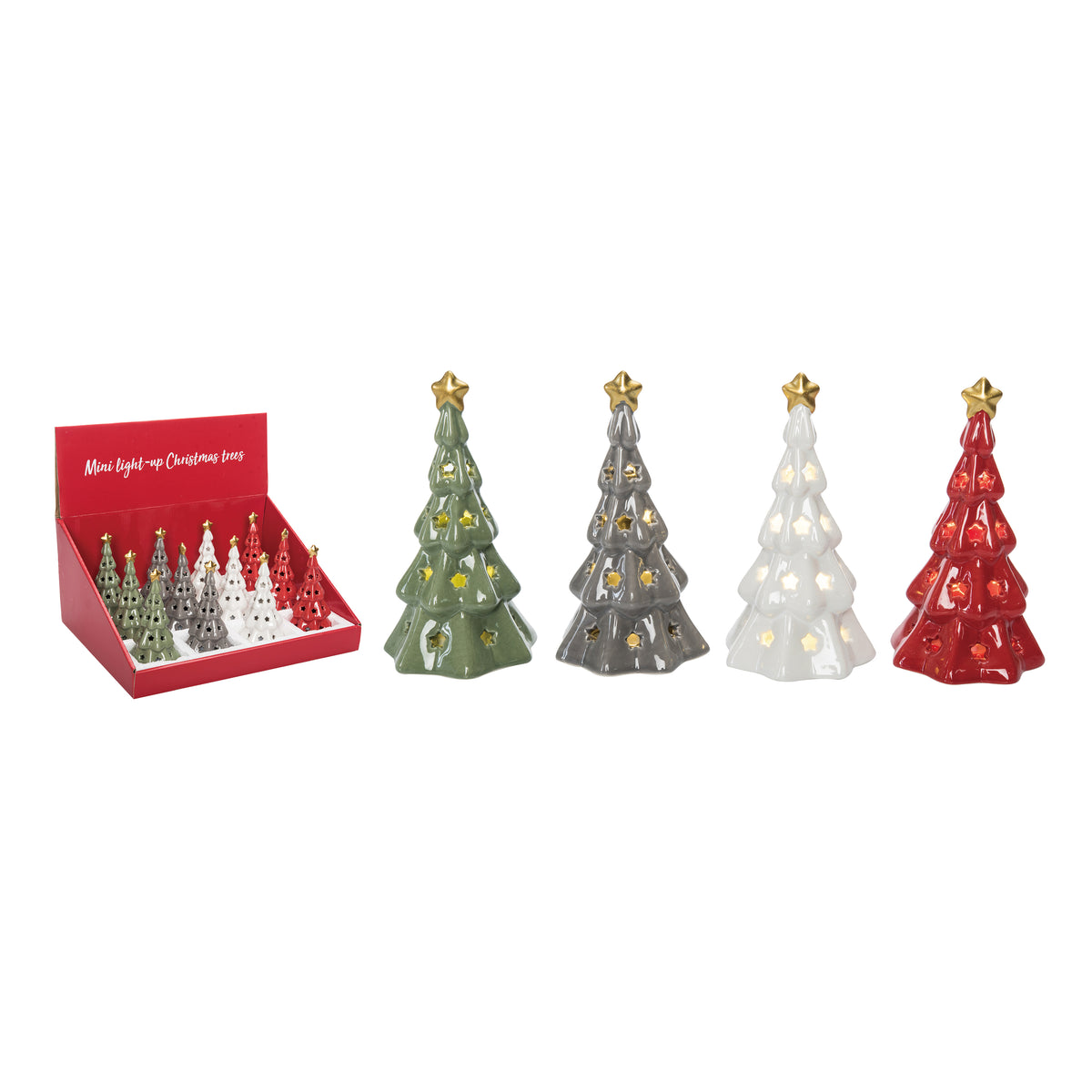Mini Cer Light Up Christmas Trees w/Star Punch Detail S/12 In Display ...